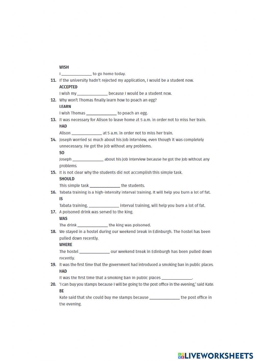 SENTENCE TRANSFORMATIONS - WORD FORMATION online exercise for | Live ...