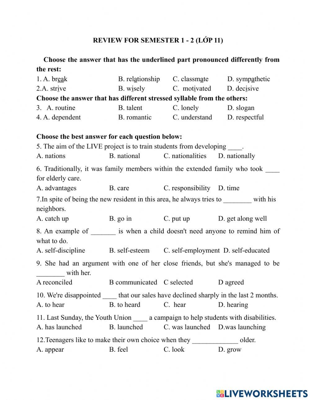 Review for semester 1- 3 (grade 11) | Dương Minh Hạnh