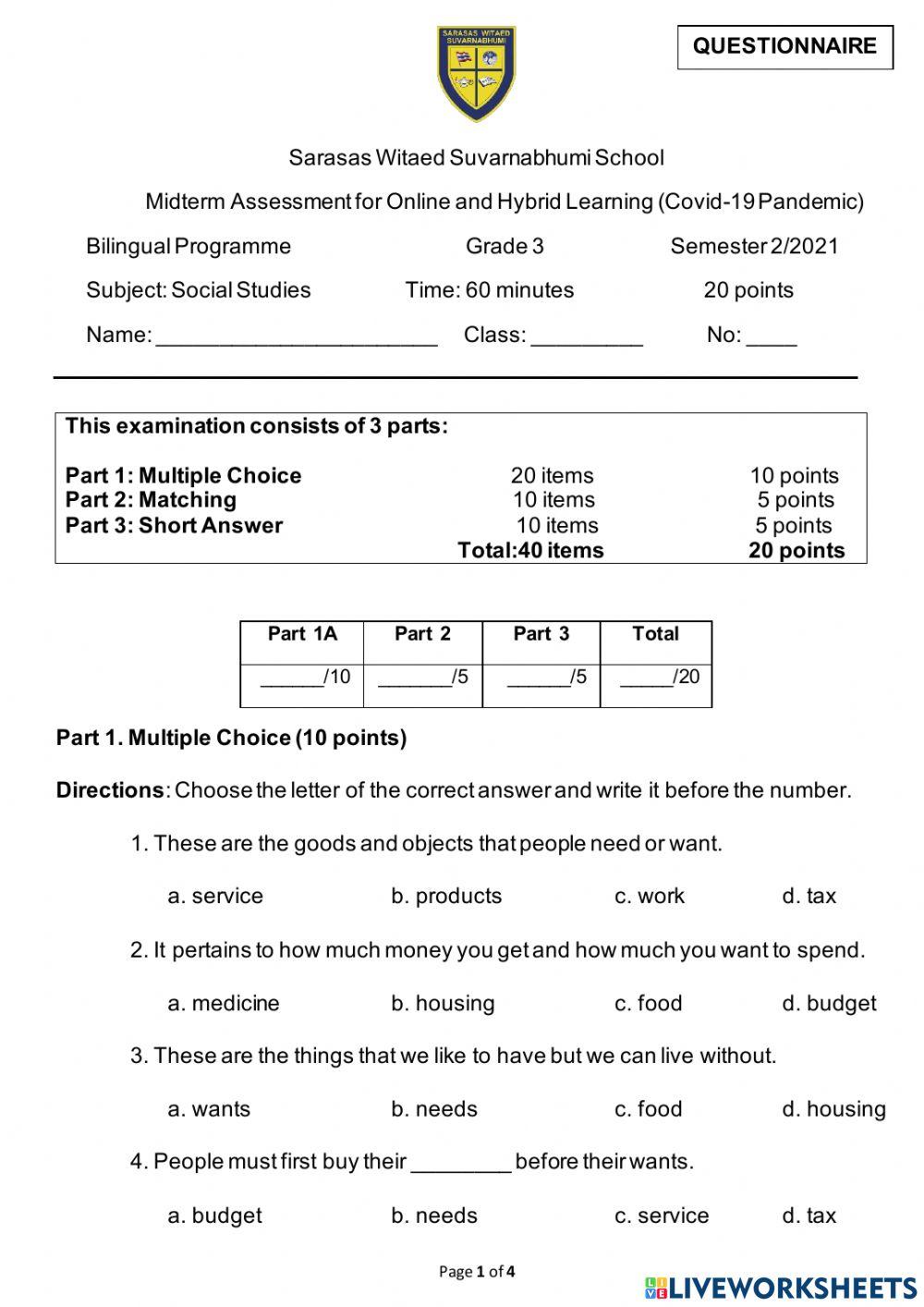 Grade 3-Bilingual-Social-Midterm Assessment-Semester 2-Edited copy online exercise for | Live ...
