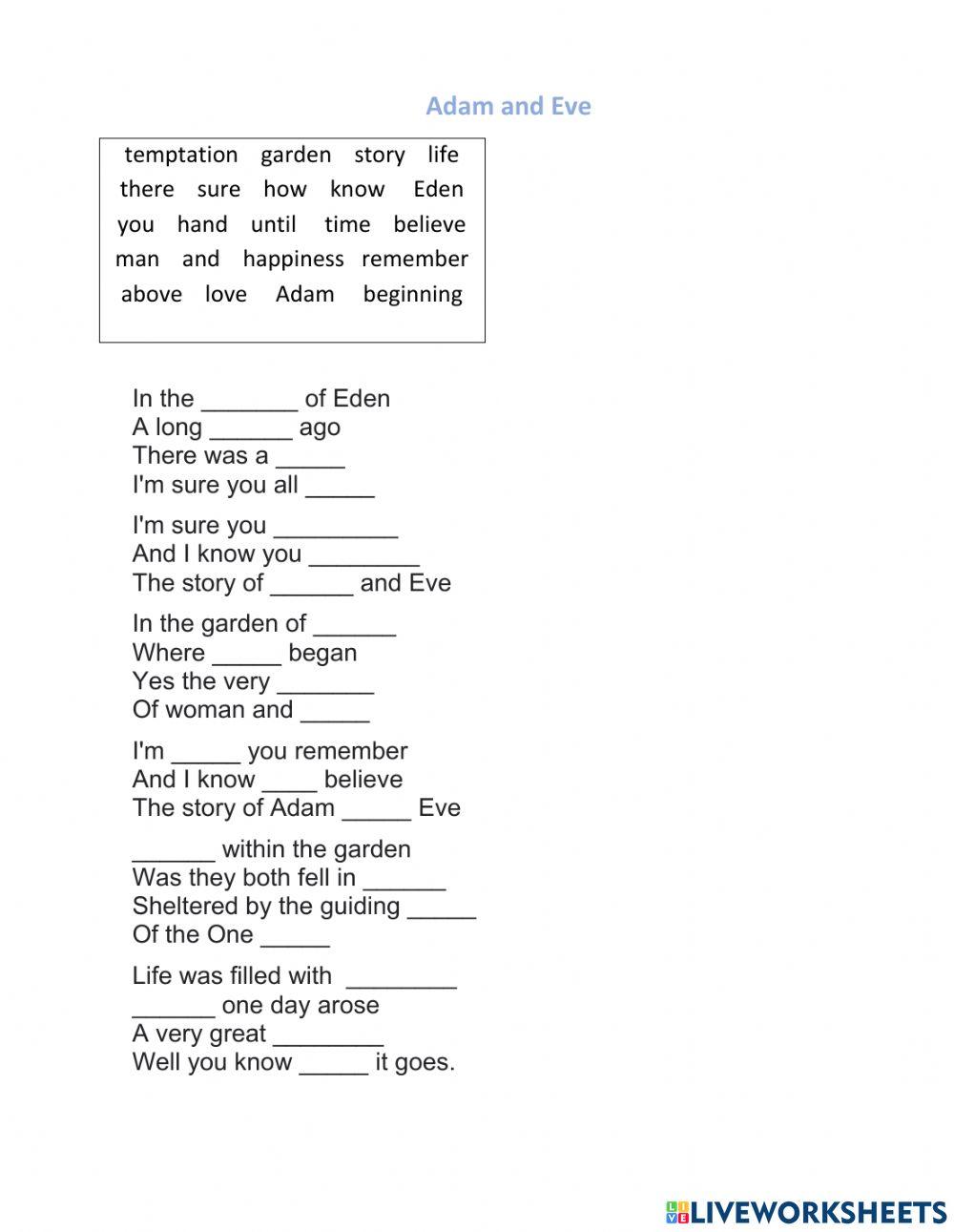 Adam and Eve by Paul Anka worksheet | Live Worksheets