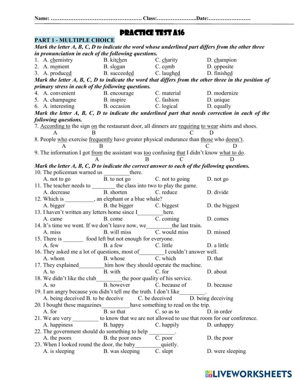 Practice test online exercise for 9 | Live Worksheets