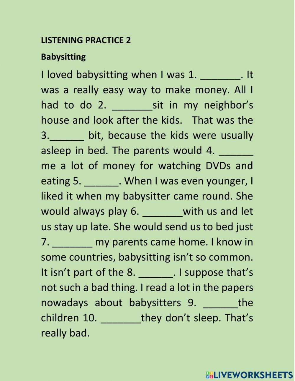 babysitting online exercise for | Live Worksheets