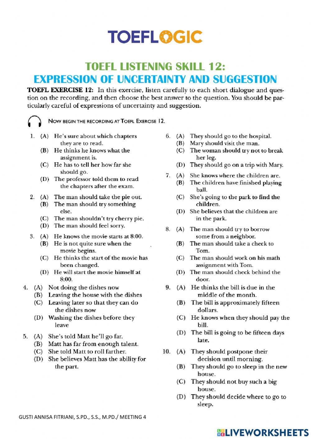TOEFL LISTENING SKILL 12 Online Exercise For Live Worksheets toefl-listening-skill-12-online-exercise-for-live-worksheets