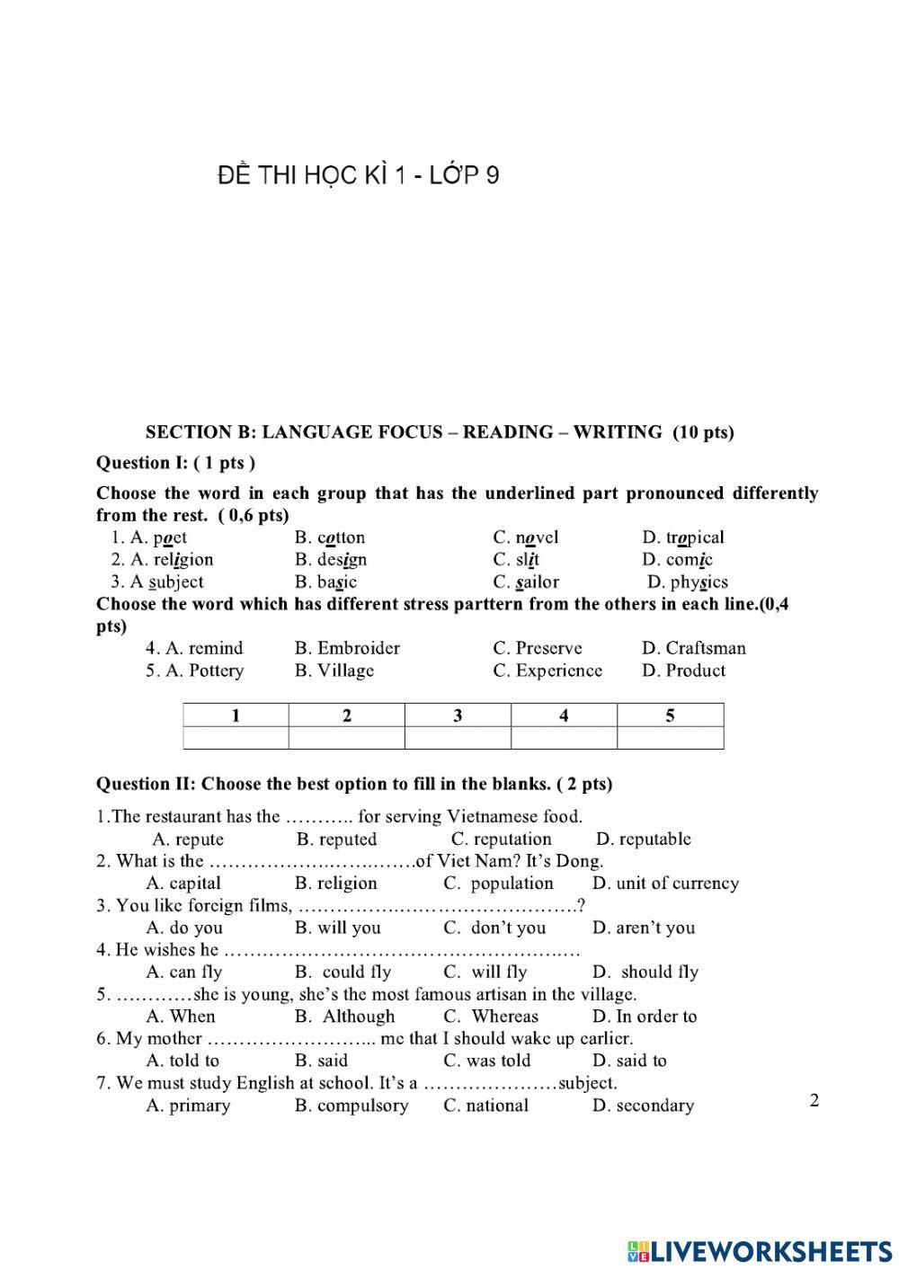 Grade 9 FIRST TERM TEST A worksheet | Live Worksheets