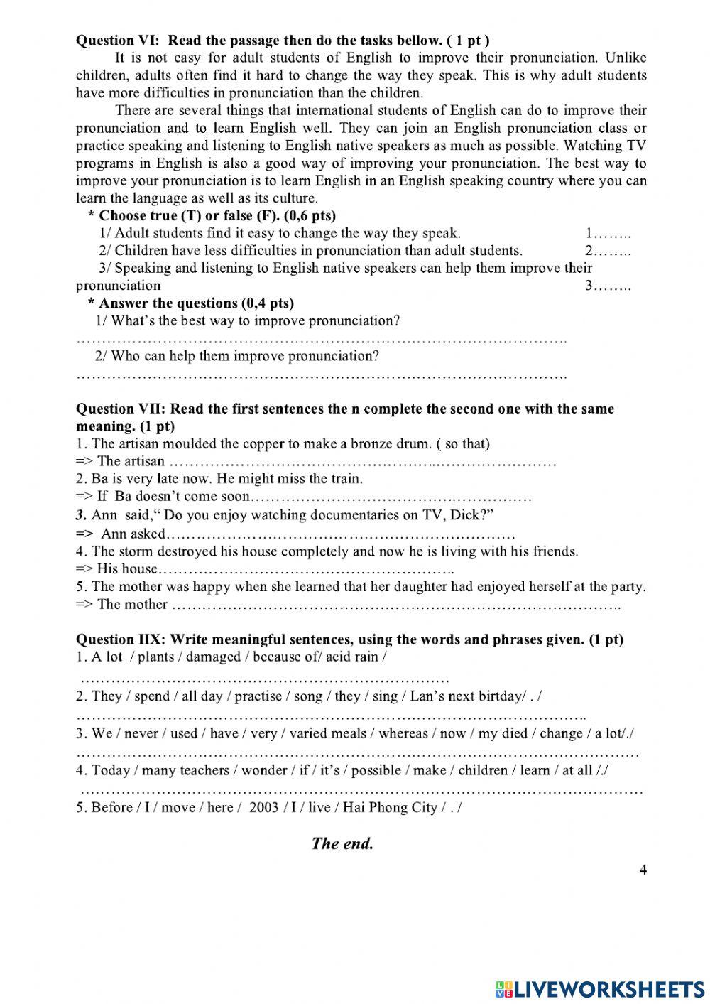 Grade 9 FIRST TERM TEST A worksheet | Live Worksheets