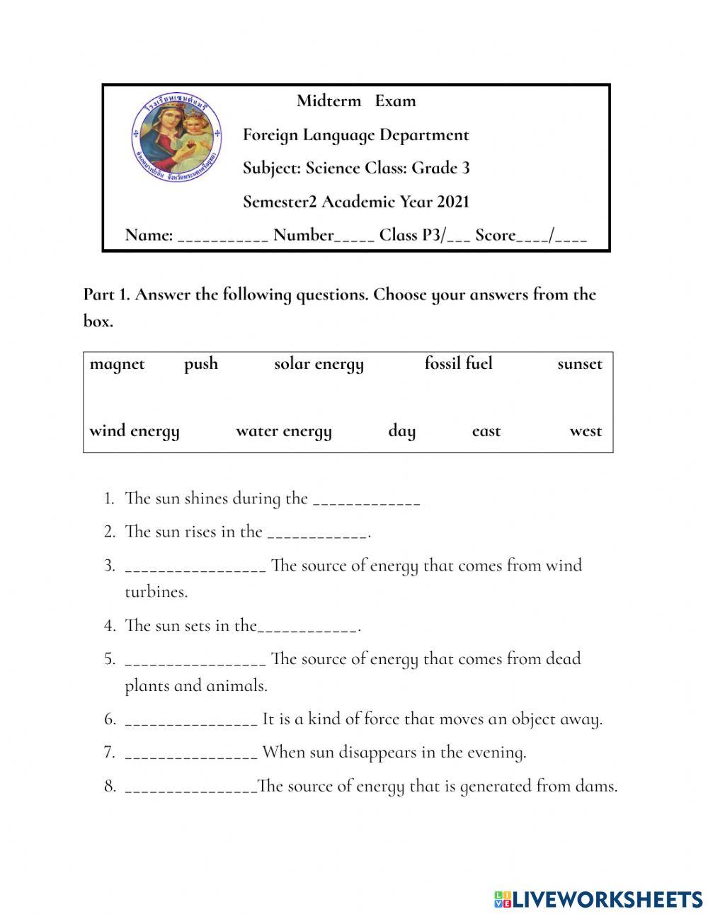 Science 3- mid-term worksheet | Live Worksheets