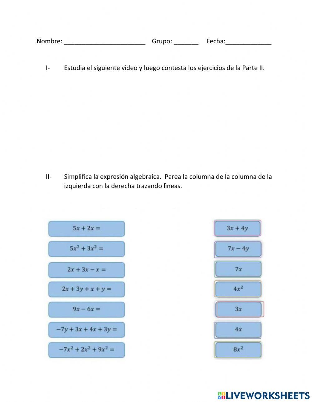 Simplificar Expresiones Algebraicas online exercise for | Live Worksheets