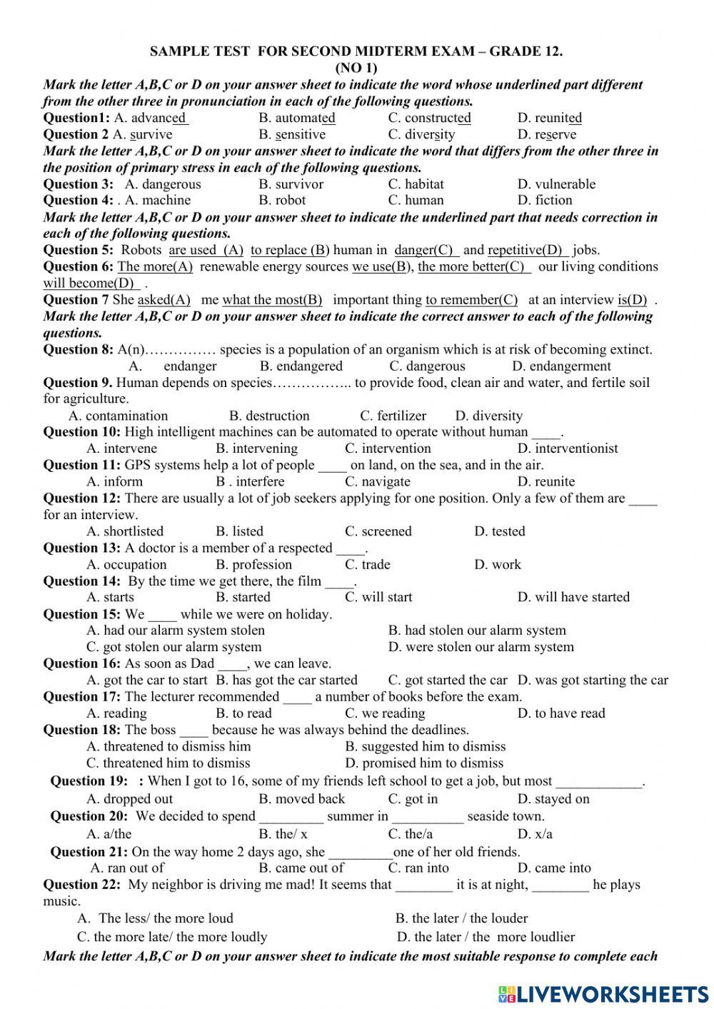 Sample mid second term test – grade 12.- no 1 worksheet | Live Worksheets