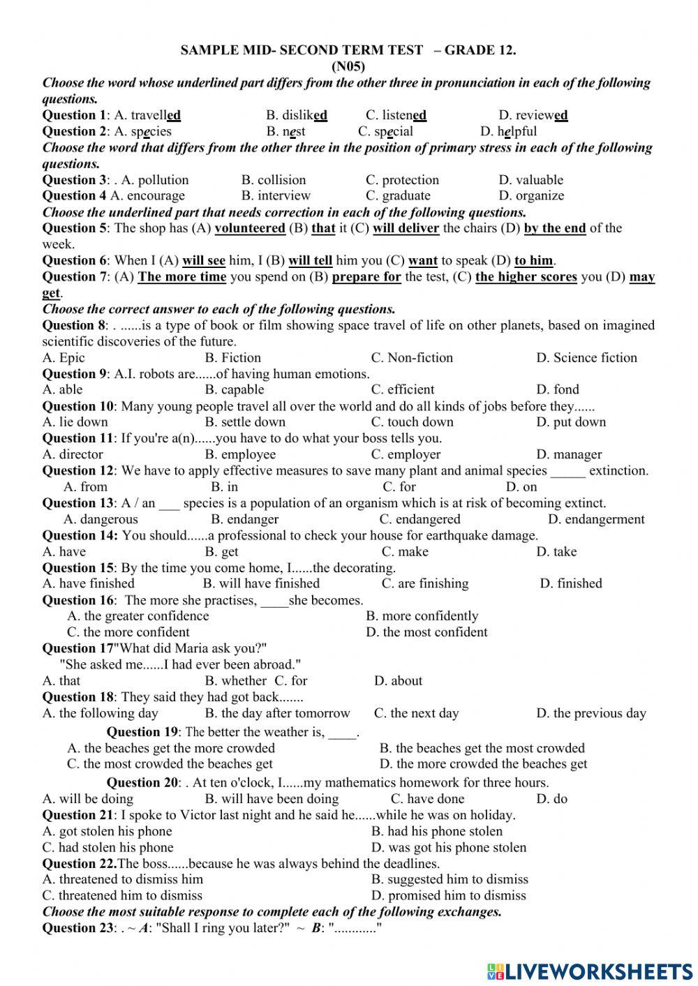 Sample mid- second term test – grade 12. (n05) worksheet | Live Worksheets