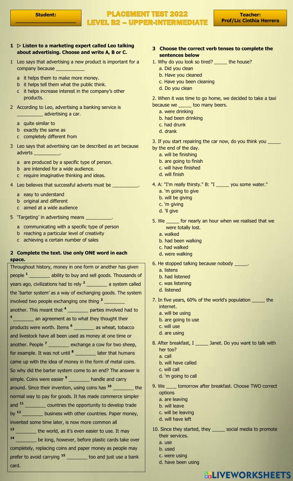 PLACEMENT TEST - LEVEL B2 online exercise for | Live Worksheets