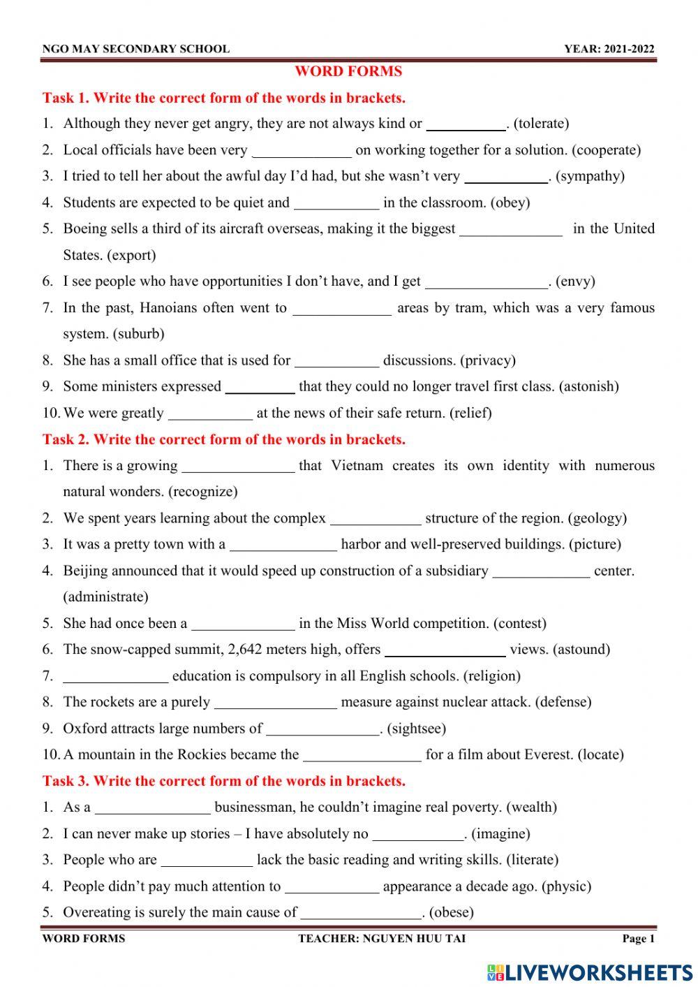 E.9-revision and consolidation-word forms worksheet | Live Worksheets