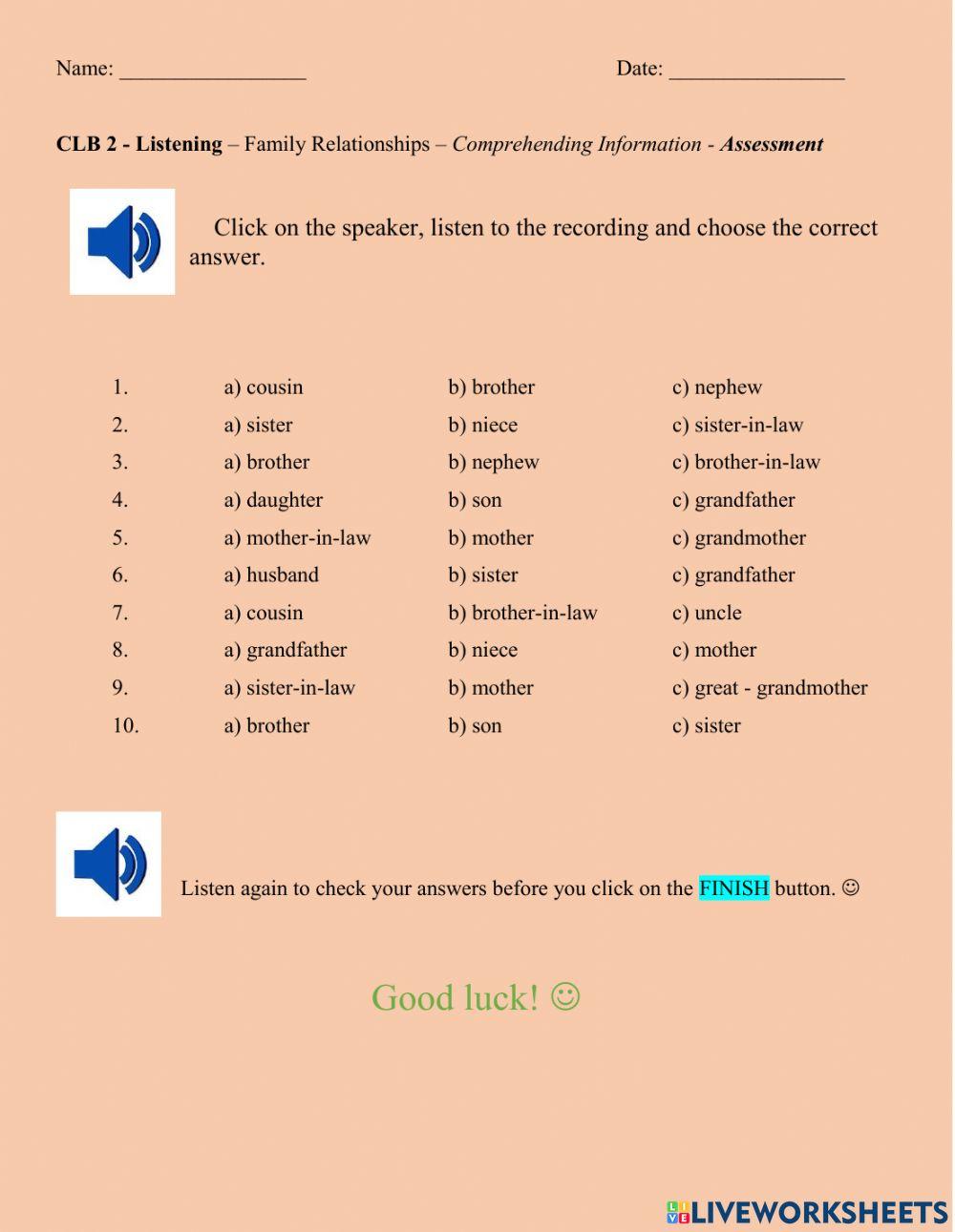 Family Relationships - Assessment worksheet | Live Worksheets