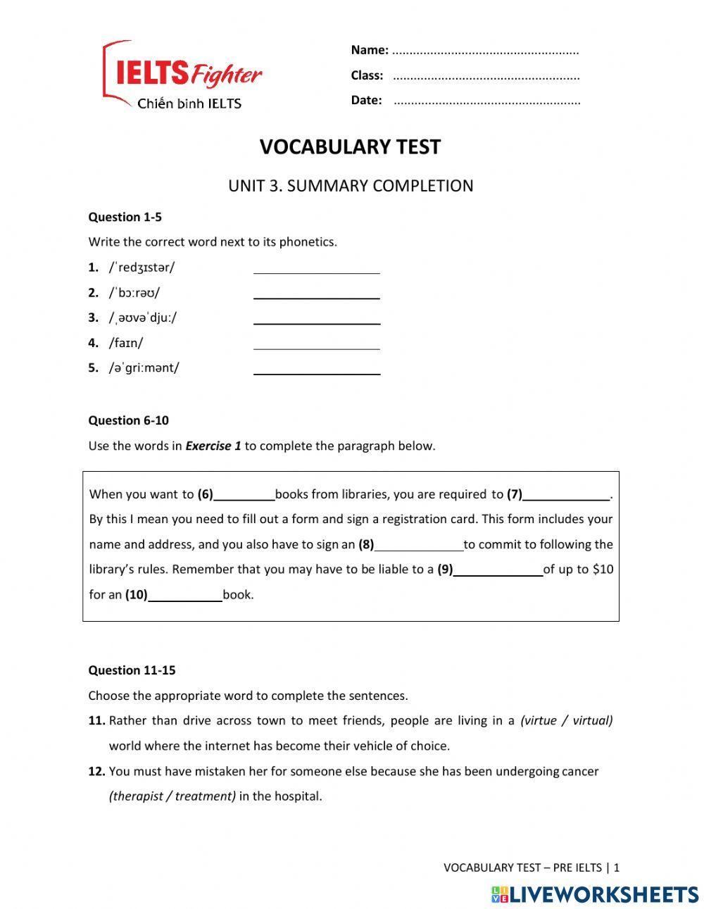 Vocab test 10. unit 3. reading. summary completion worksheet | Live ...