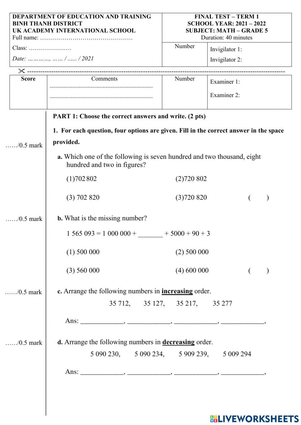 UKA.BT FINAL TEST MATH - GRADE 5 online exercise for | Live Worksheets