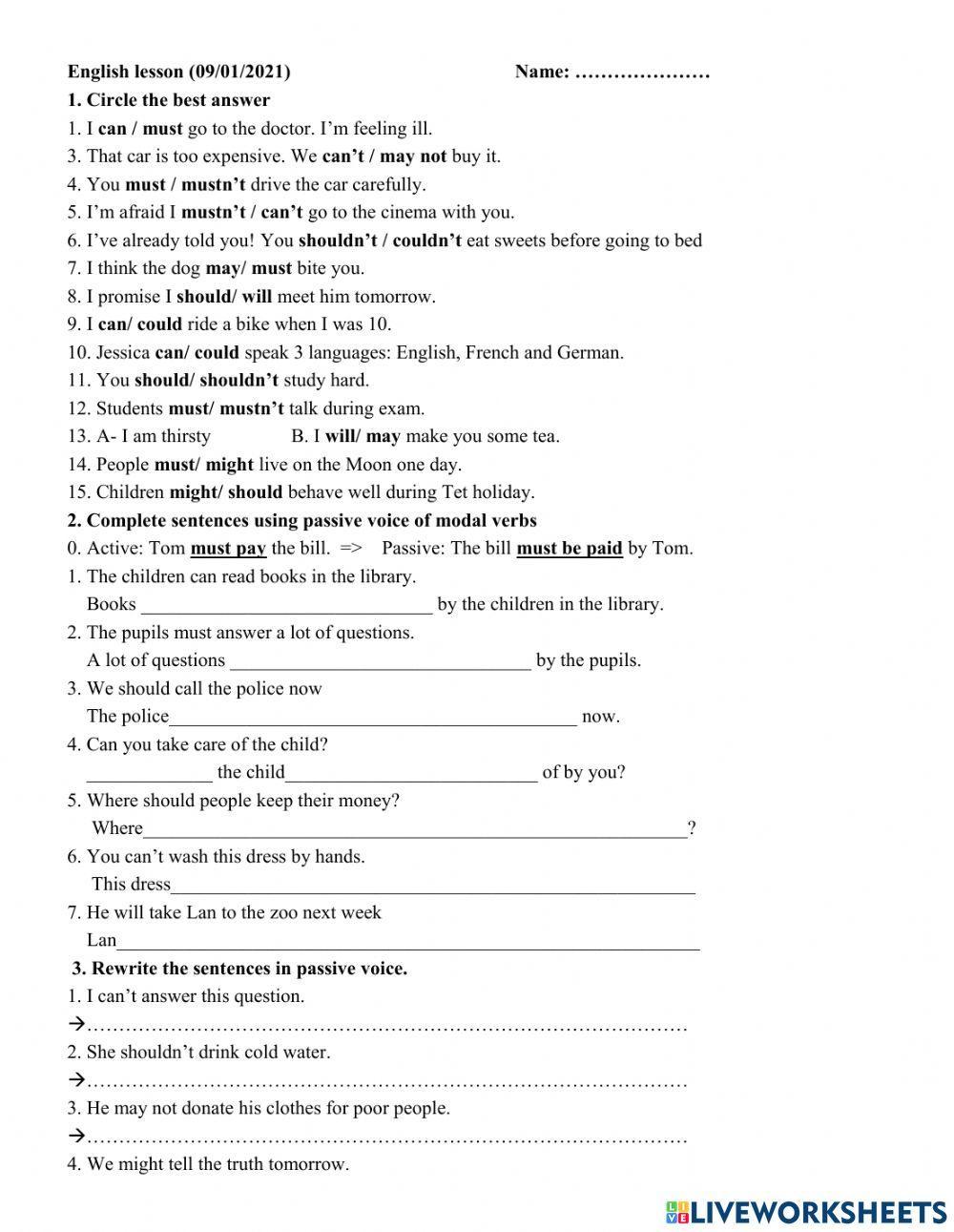 Grade 7- Modal Passive worksheet | Live Worksheets