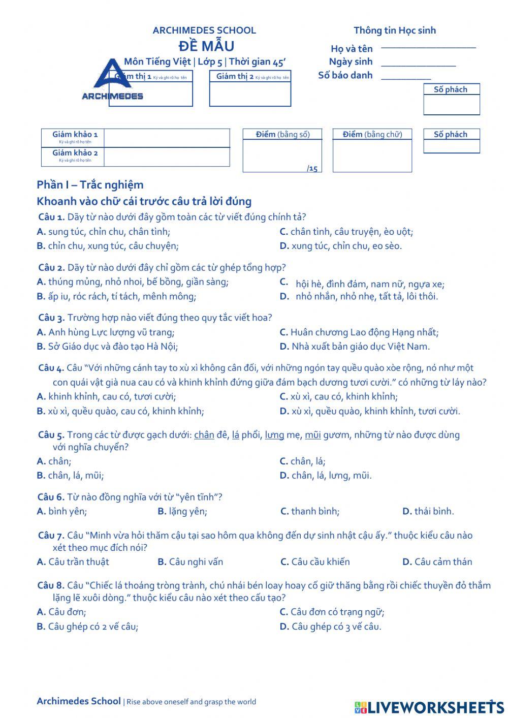 Thi thử exercise | Live Worksheets