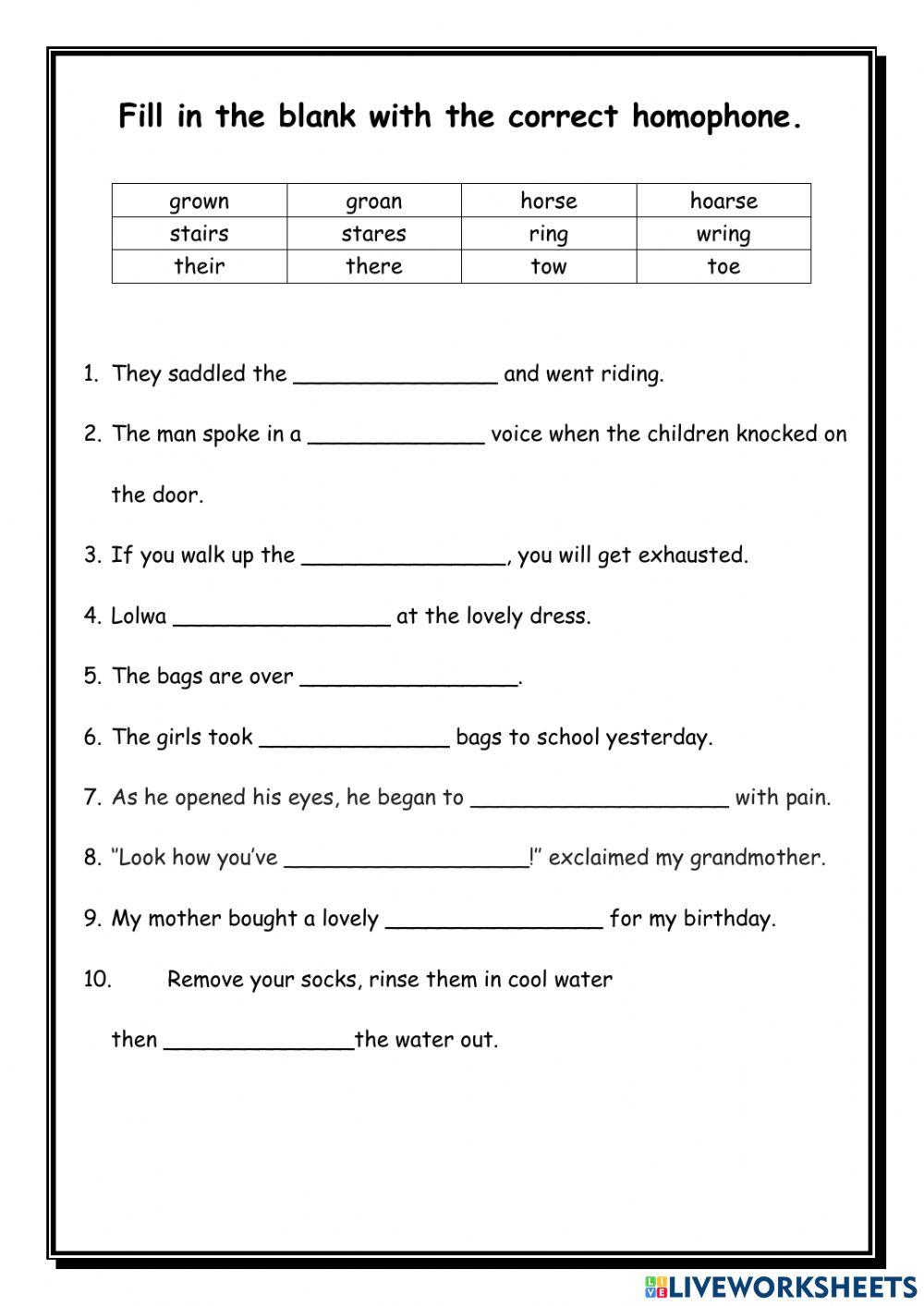 Homephones interactive worksheet | Live Worksheets