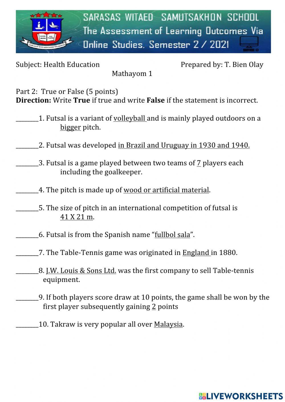 HEALTH MIDTERM M.1 P.2-3 online exercise for | Live Worksheets