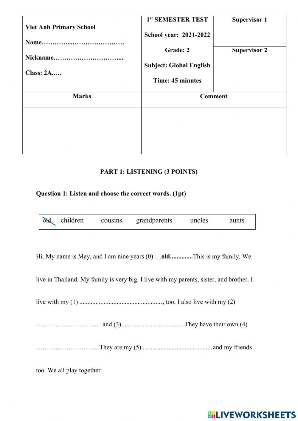 GLOBAL ENGLISH 2A1-A2-A3 SEMESTER I TEST online exercise for | Live ...