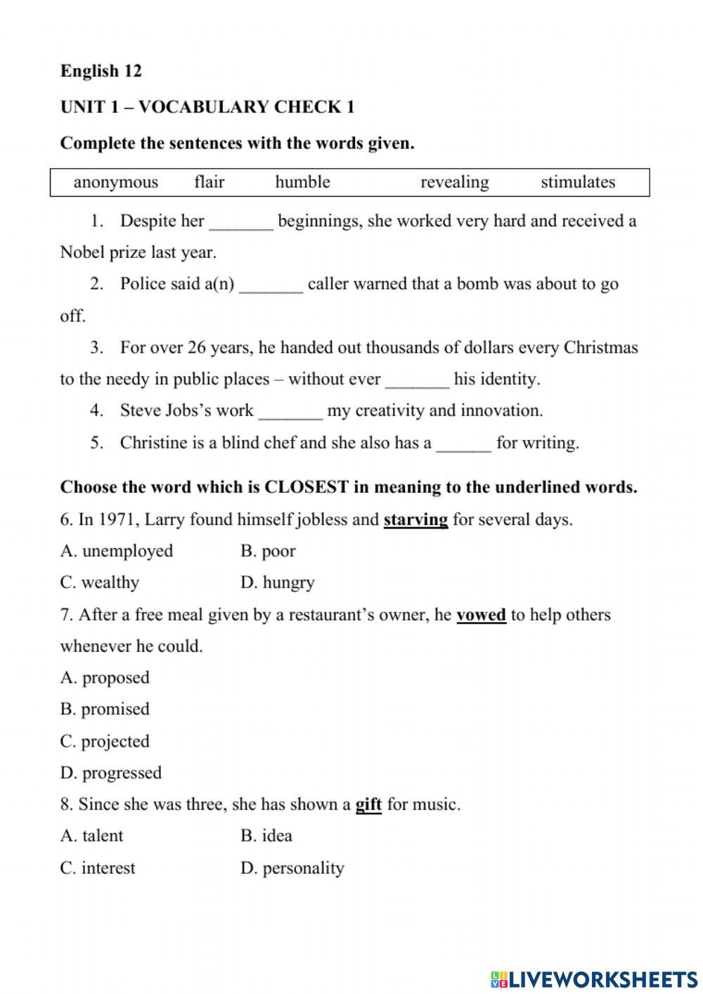 Unit 1: Vocabulary check worksheet | Live Worksheets