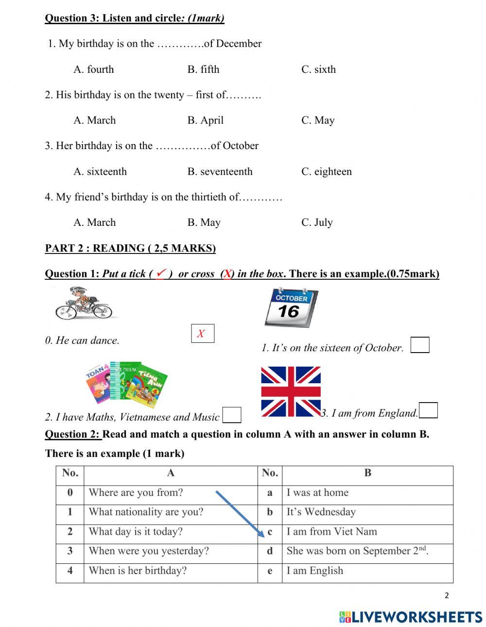 FIRST TERM TEST - GRADE 4 2664751 | Tran van Thien | Live