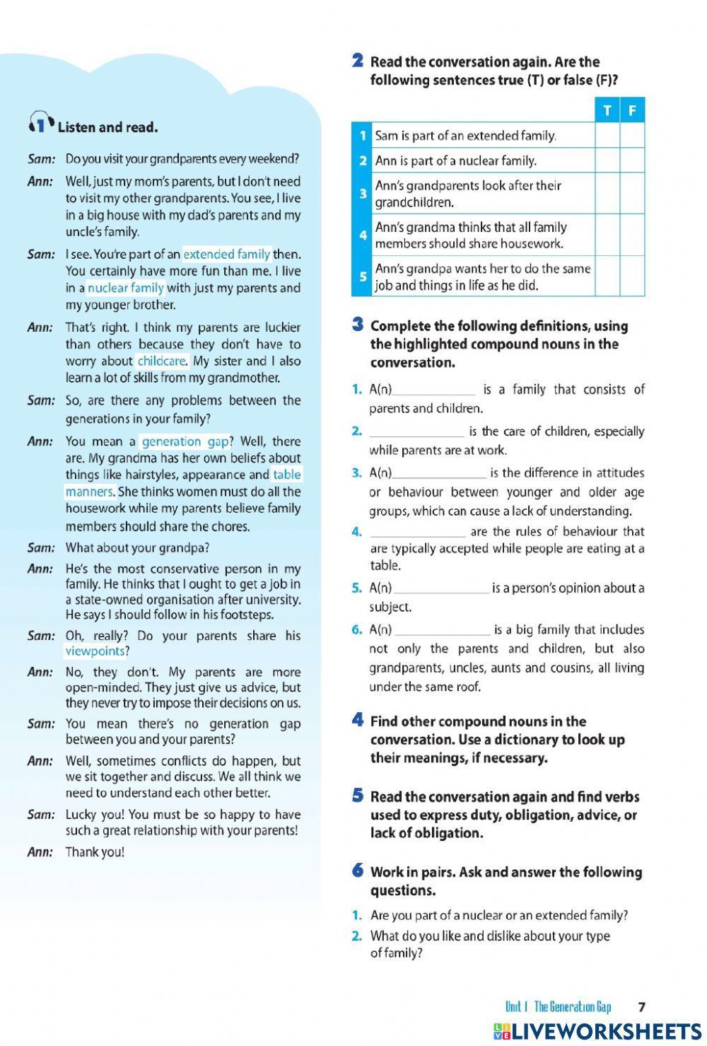 G11 part 1 unit 1 page 7 generation gap worksheet | Live Worksheets