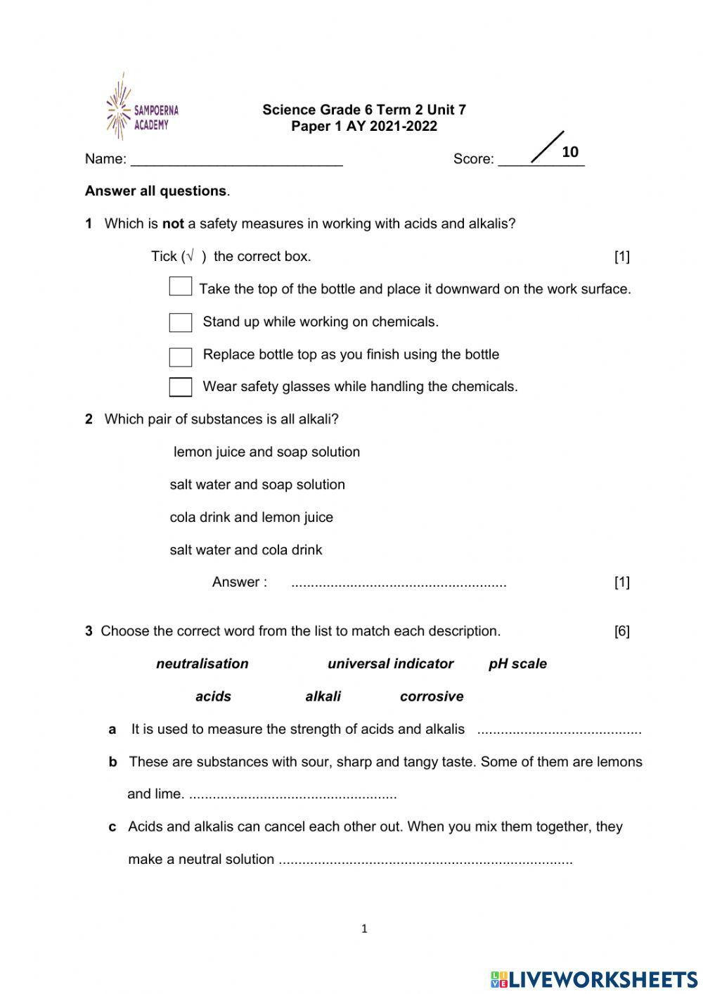 Unit7Class Test Paper 1 online exercise for | Live Worksheets