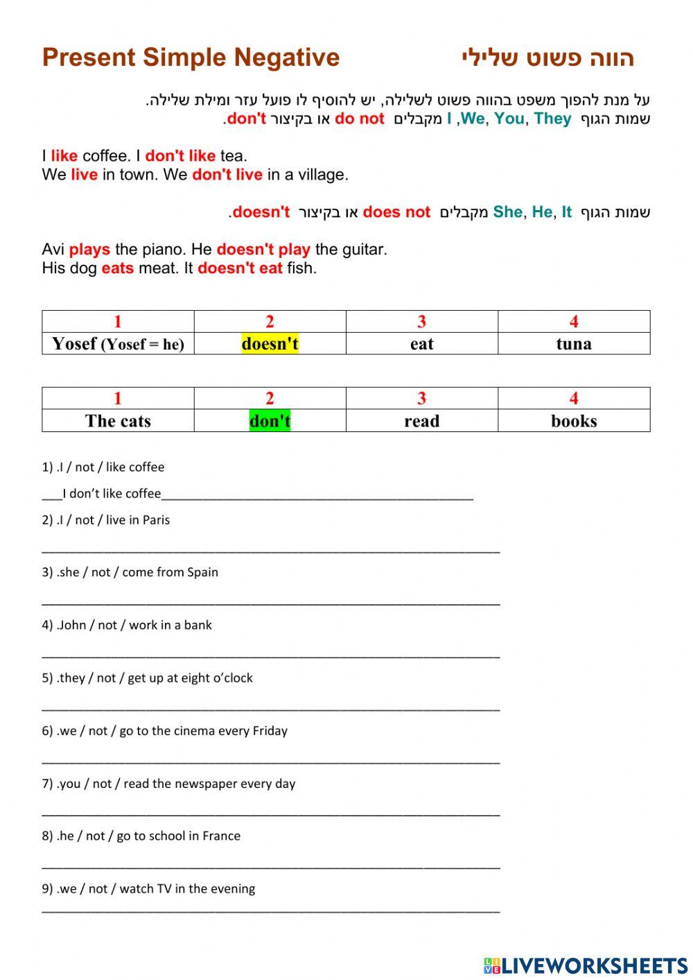 Present simple - negative + yes- no questions. online exercise for ...