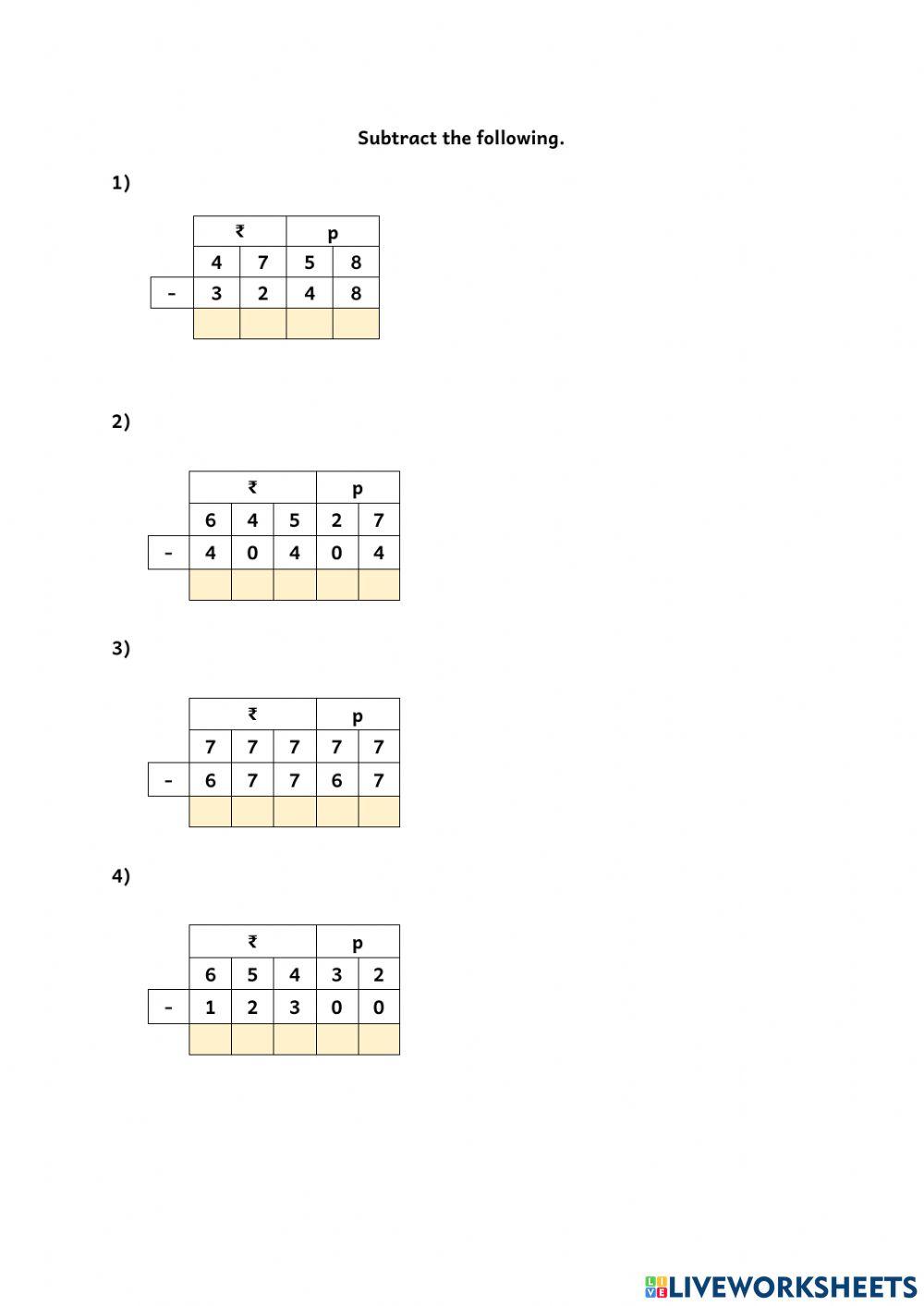 Subtraction of money exercise | Live Worksheets