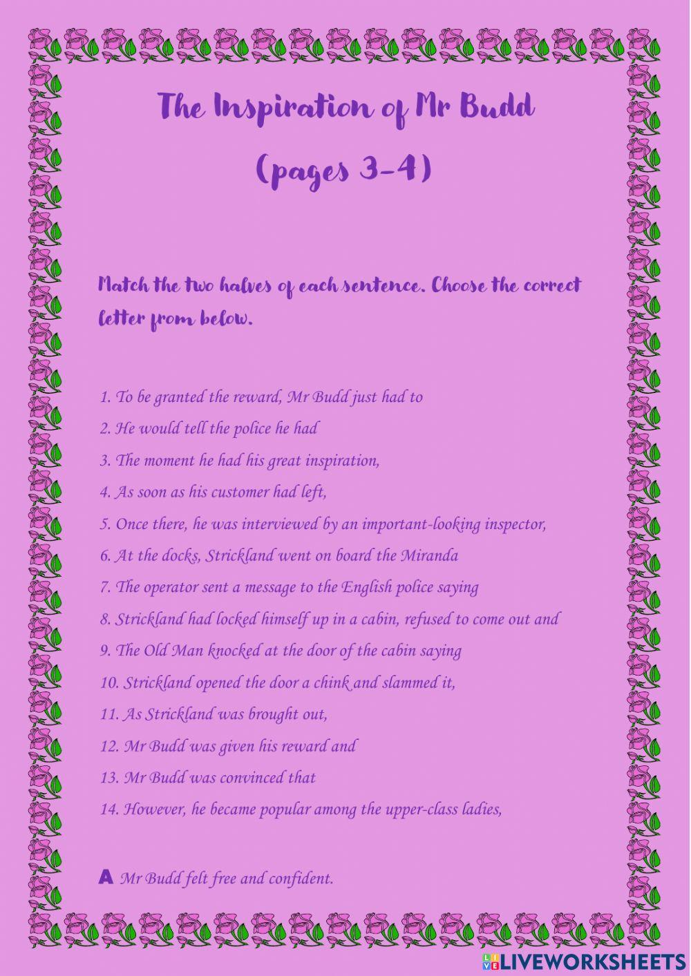 The Inspiration of Mr Budd: pages 3-4 worksheet | Live Worksheets