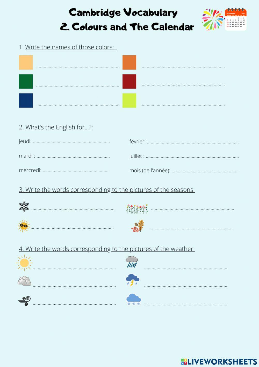 Colours and the Calendar worksheet | Live Worksheets