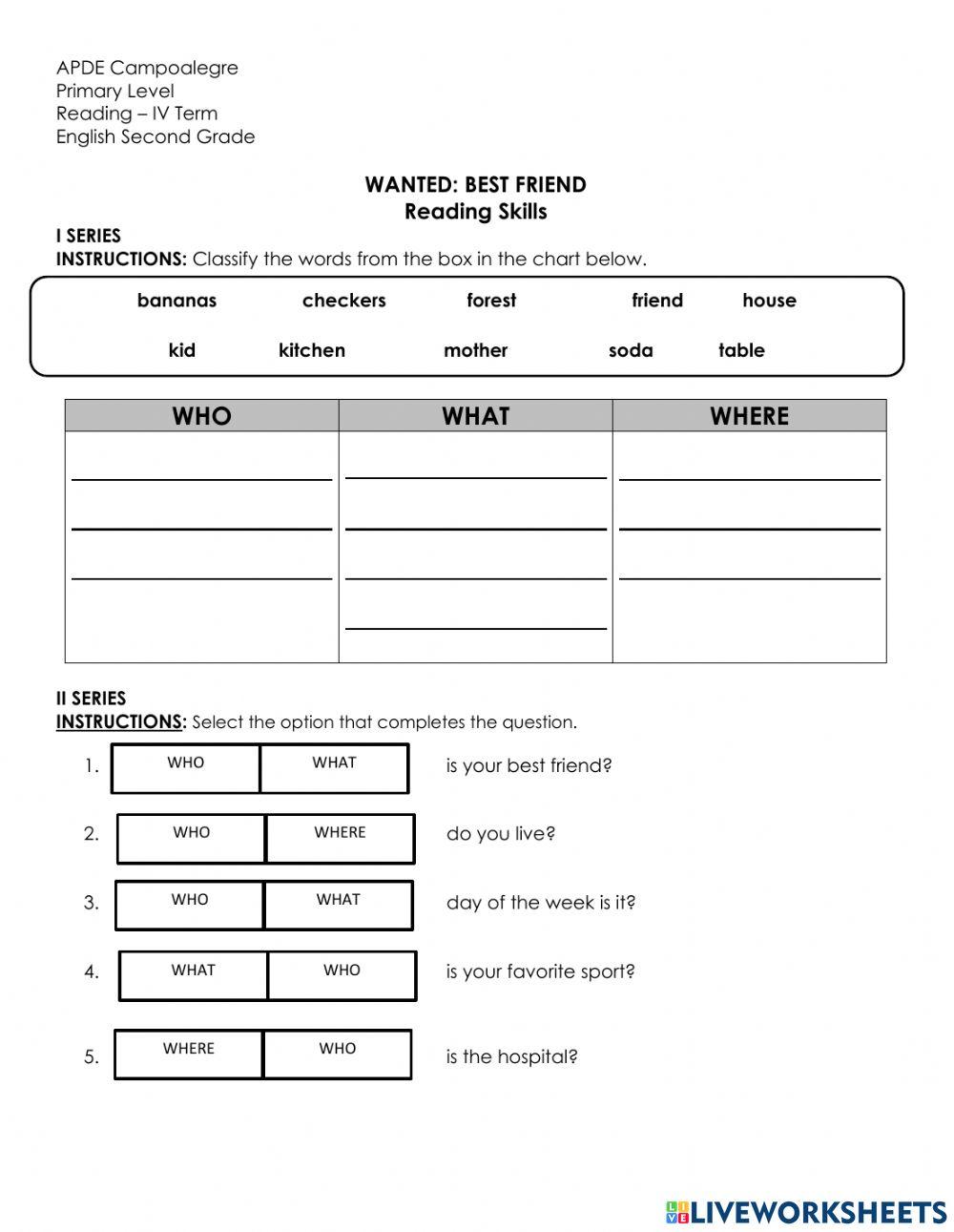 Wanted best friend reading skills 2022 worksheet | Live Worksheets