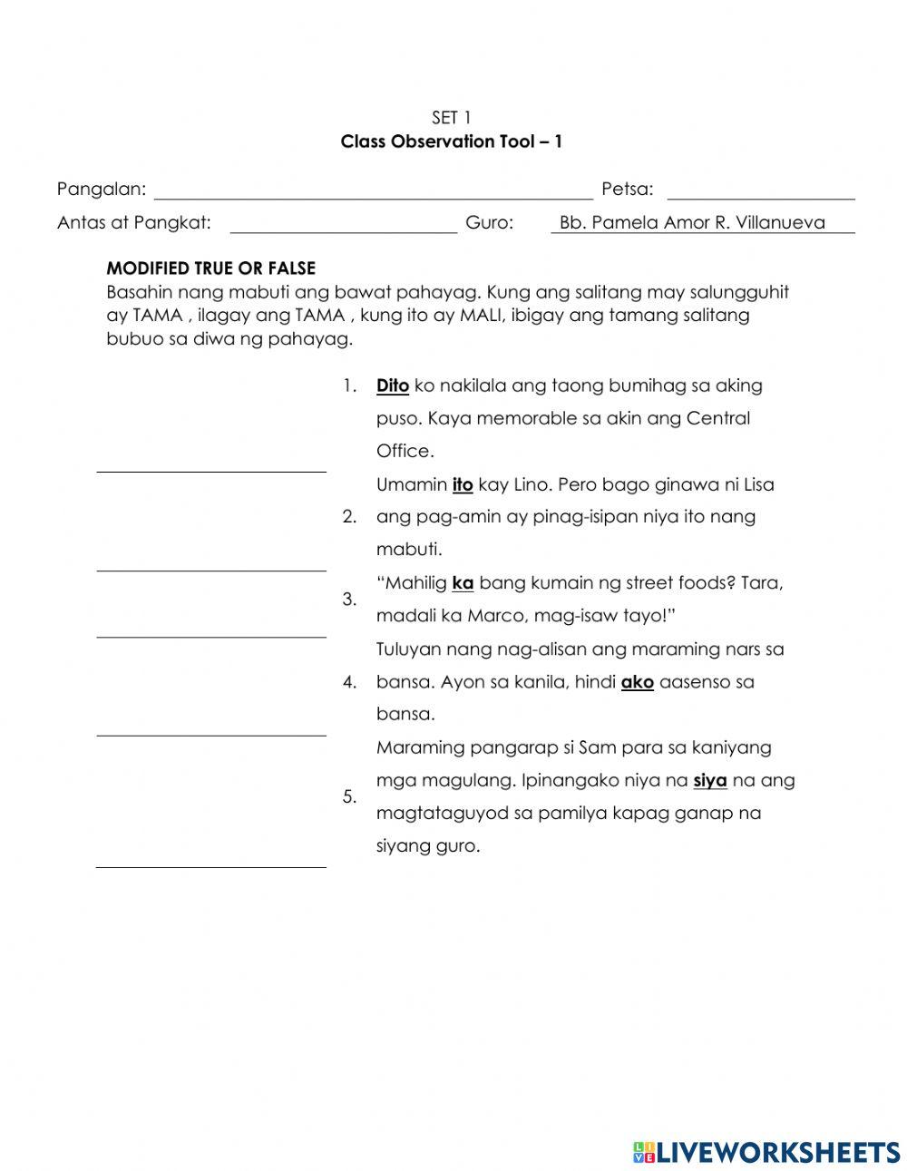 Set 1 - COT 1 online exercise for | Live Worksheets