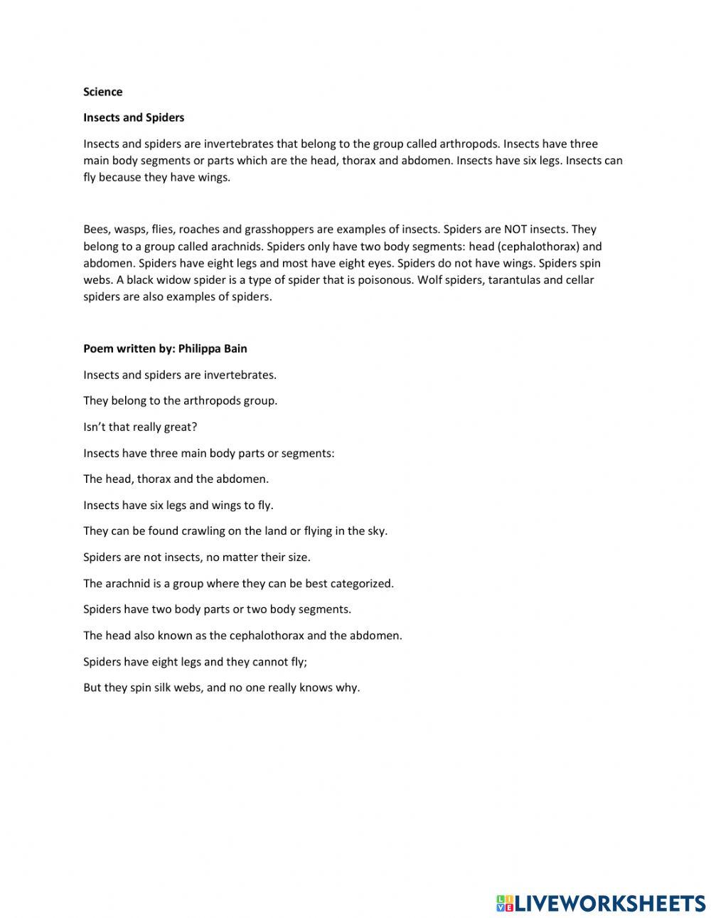 Insects and Spiders- 11-10-22 online exercise for | Live Worksheets