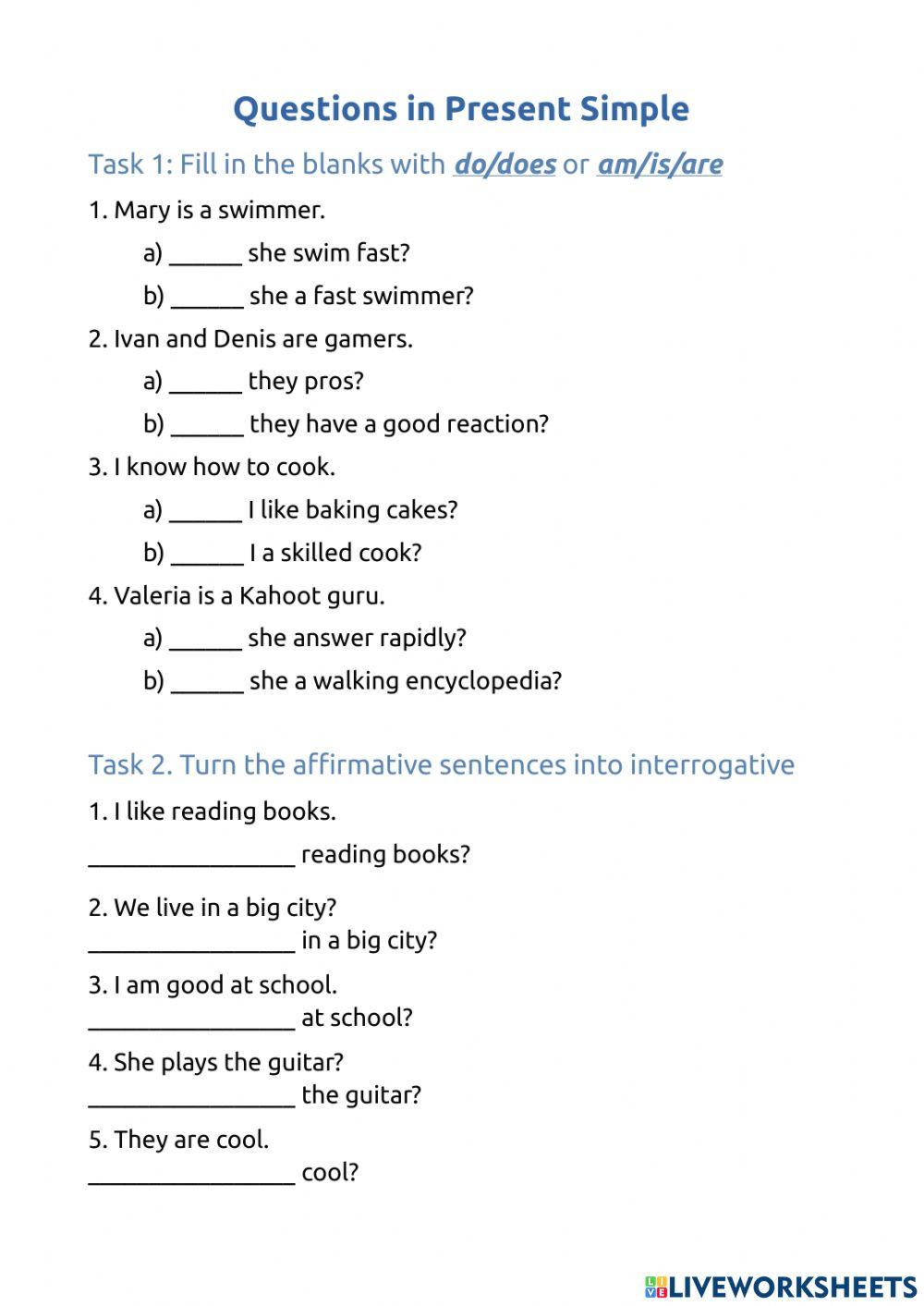 Questions in Present Simple online exercise | Live Worksheets