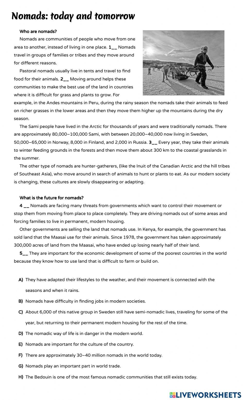 Reading PET Part 4: Nomads today and tomorrow worksheet | Live Worksheets