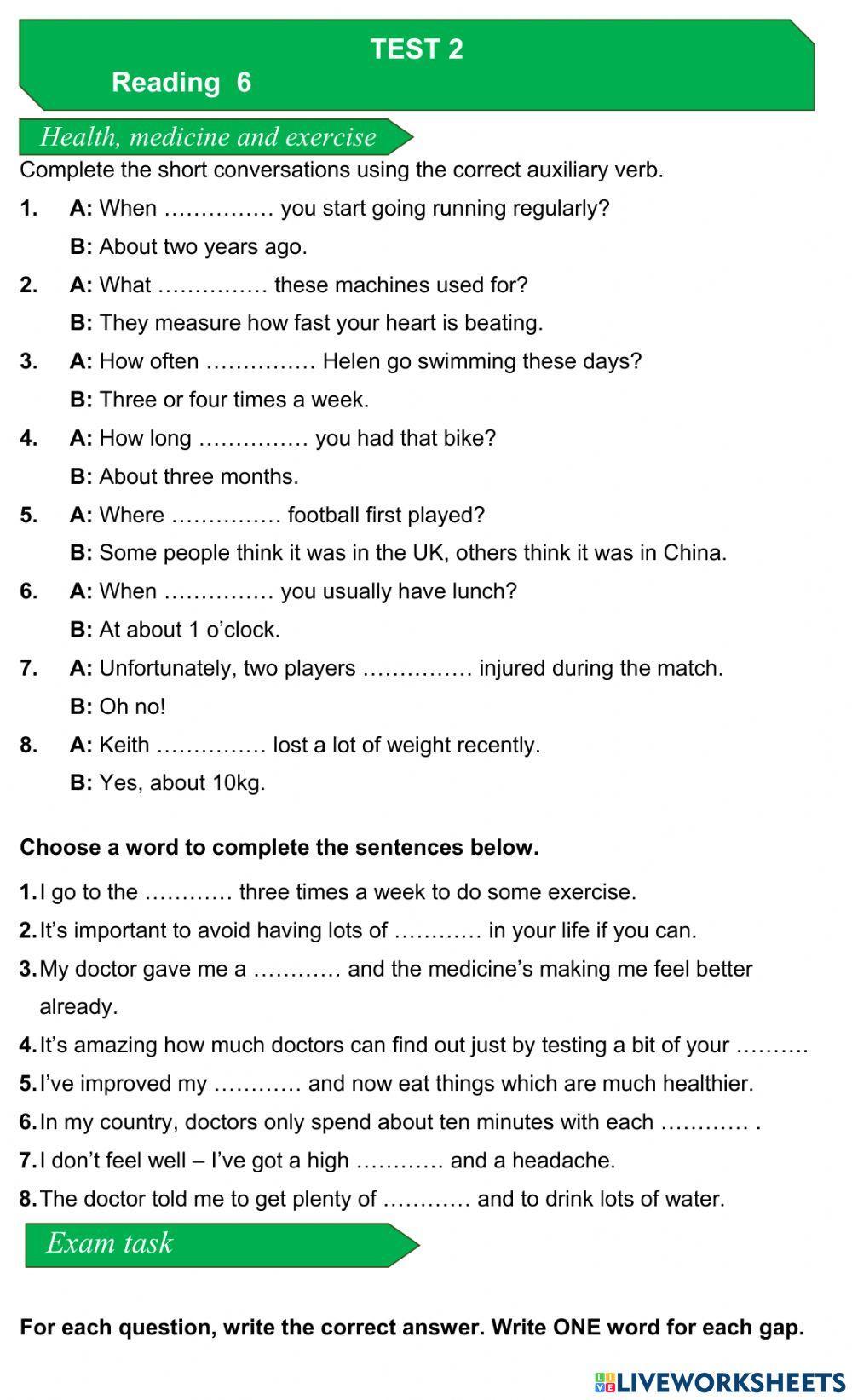 EXAM BOOSTER test 2 reading 6 interactive worksheet | Live Worksheets