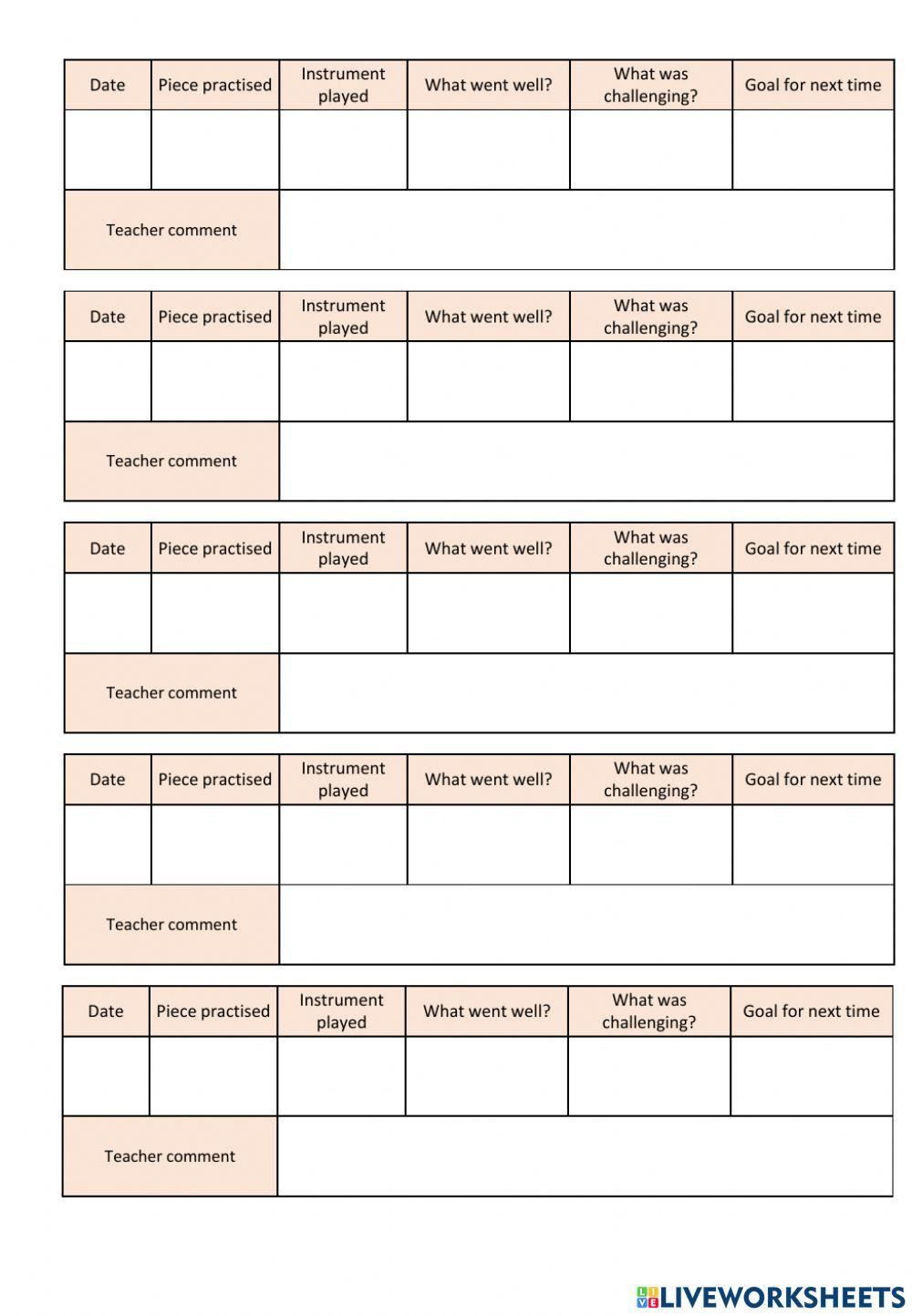 Practice log | Free Interactive Worksheets | 2174029
