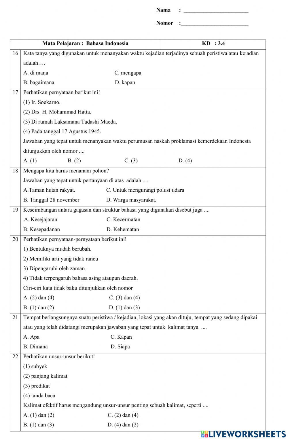 Tema 2 B Indo worksheet | Live Worksheets