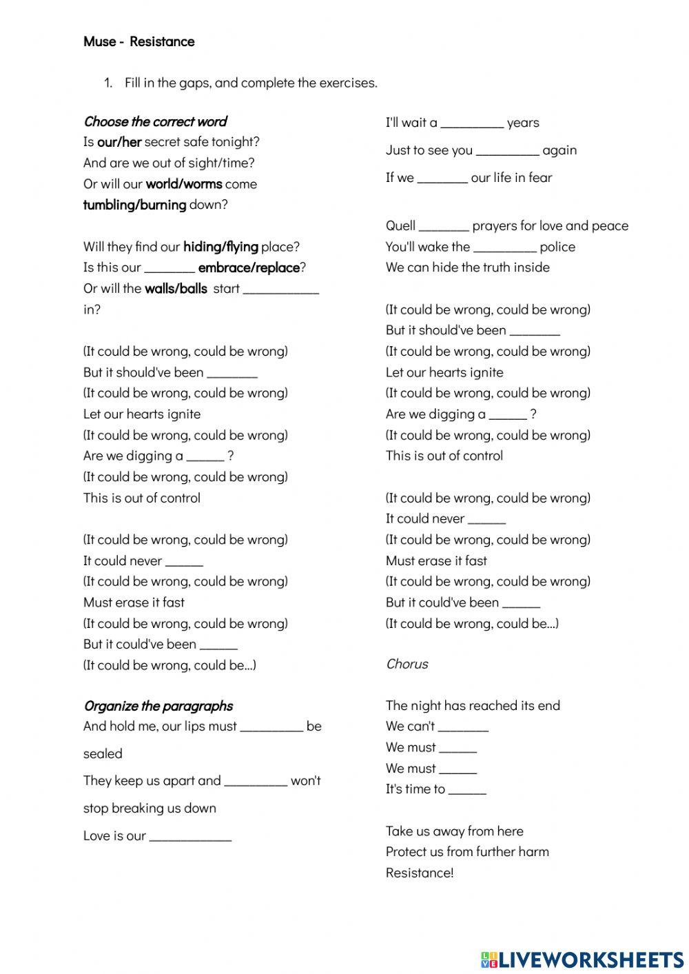 Muse - resistan… | Free Interactive Worksheets | 2174279