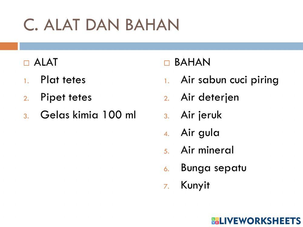 Percobaan Uji Asam dan Basa worksheet | Live Worksheets