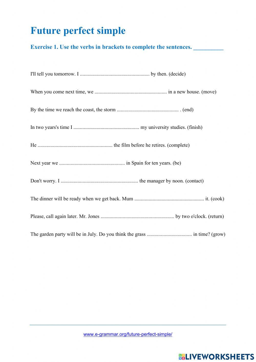 Future Perfect Simple I Affirmative online exercise for | Live Worksheets