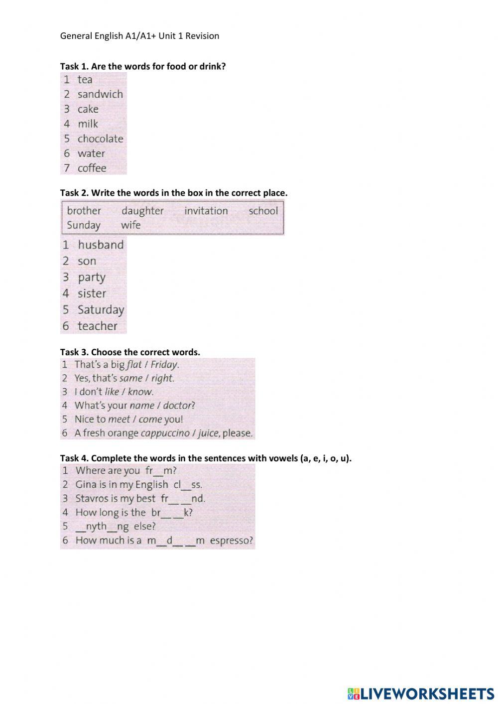 General English A1-A1+ Unit 1 Revision 2175178