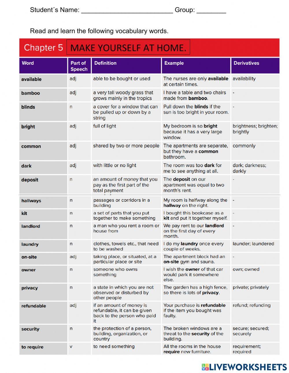 Vocabulary list interactive worksheet | Live Worksheets