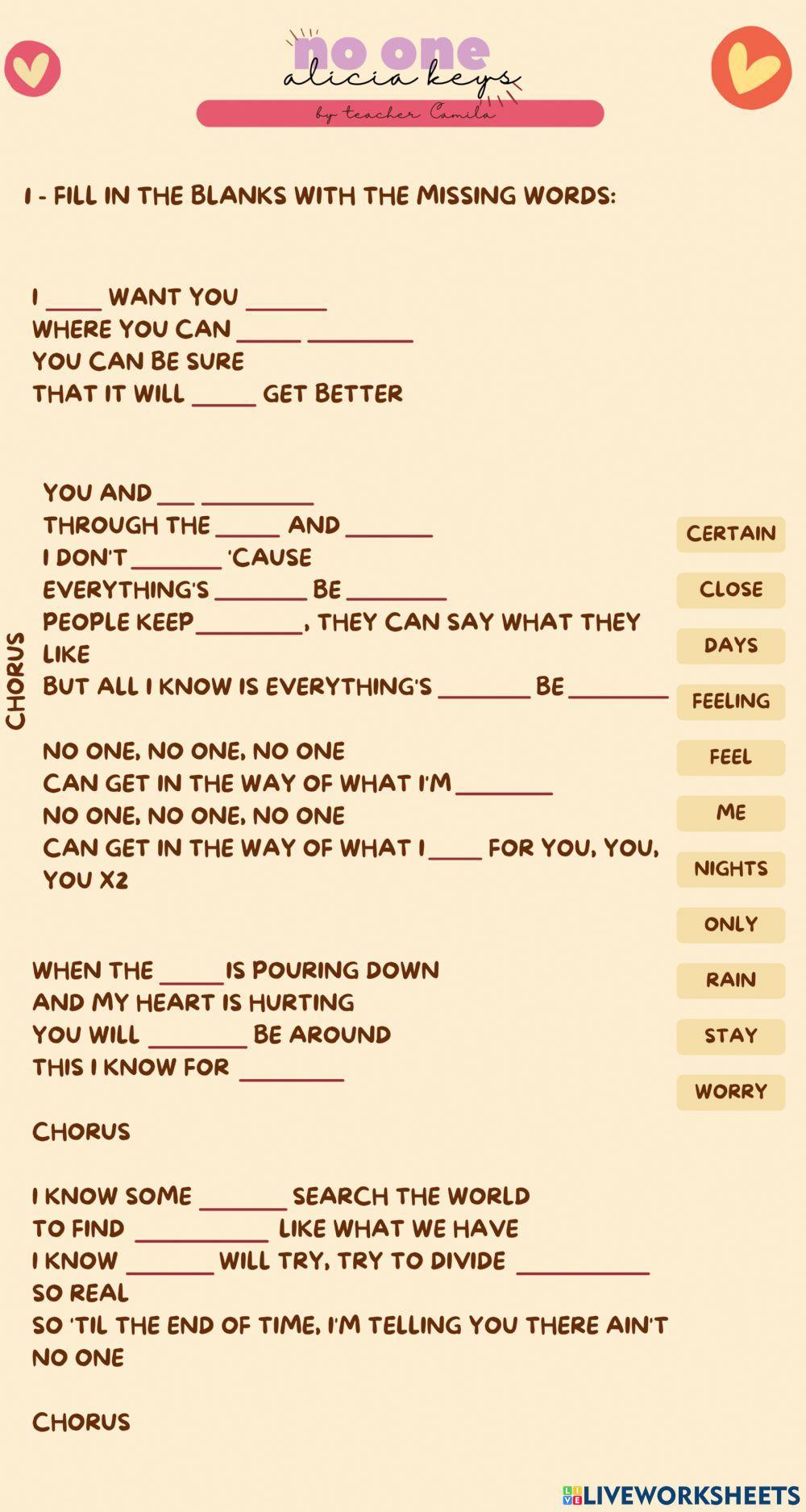 No One - Alicia Keys worksheet | Live Worksheets