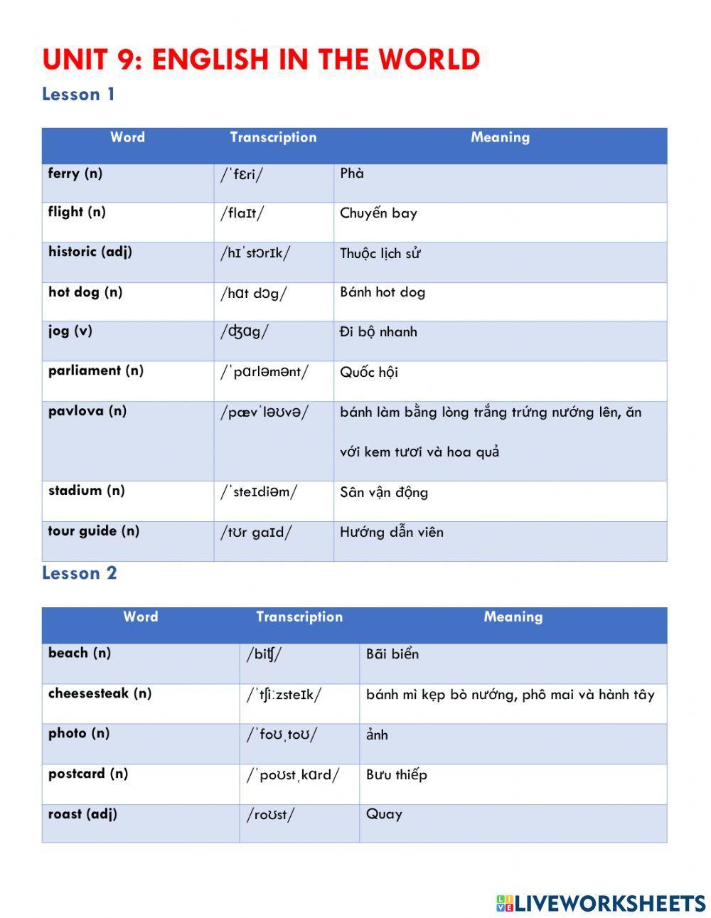 Unit 9 Vocab ISW 7 worksheet | Live Worksheets