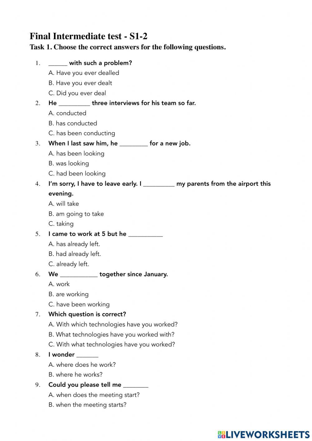 Final Intermediate test - S1-2 worksheet | Live Worksheets