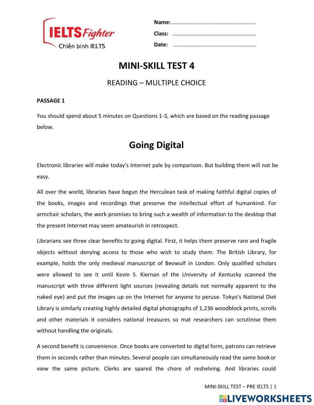 Mini test 4 - pre ielts worksheet | Live Worksheets