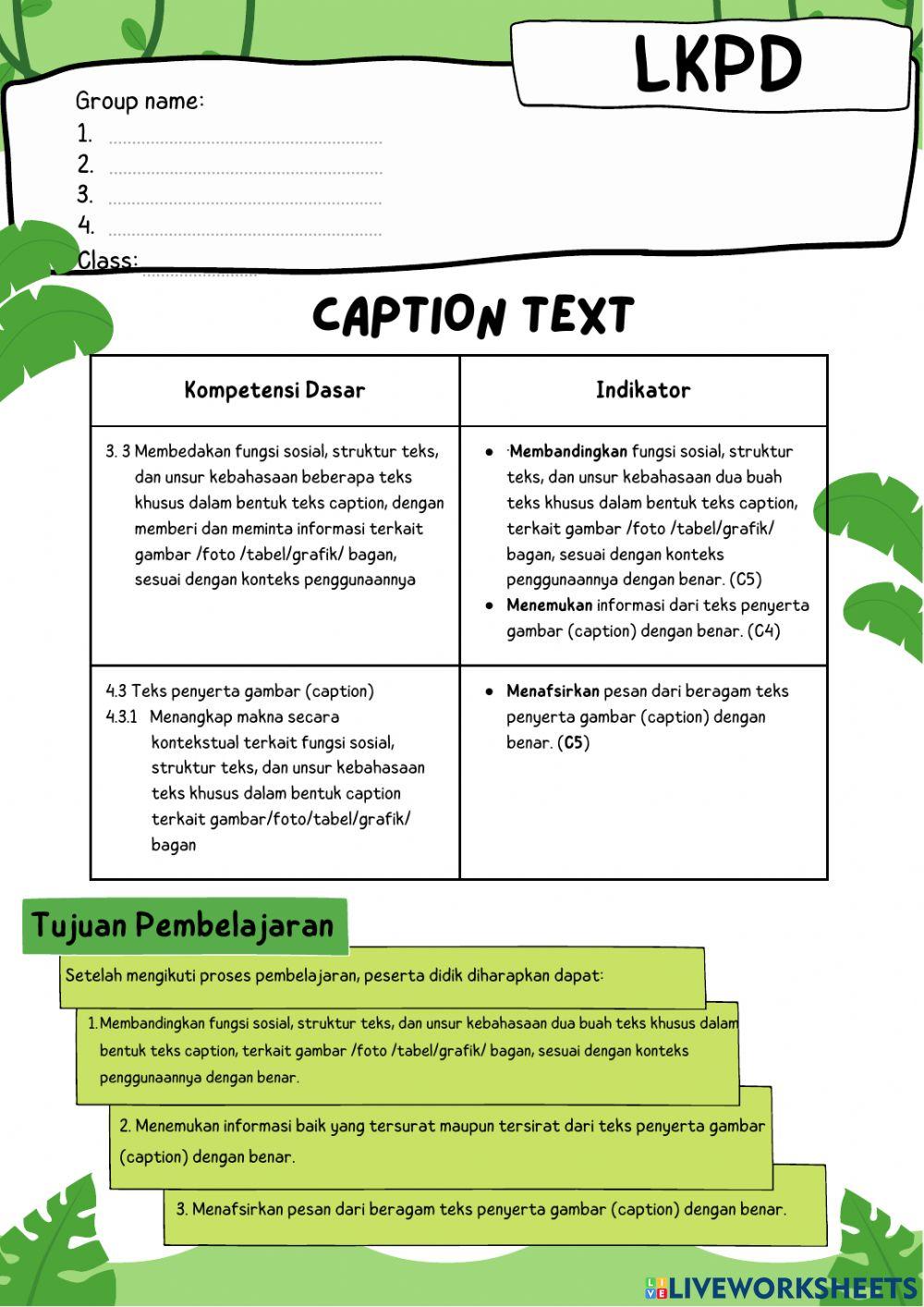 LKPD CAPTION TEXT 2454384 | elviana_38 | Live Worksheets