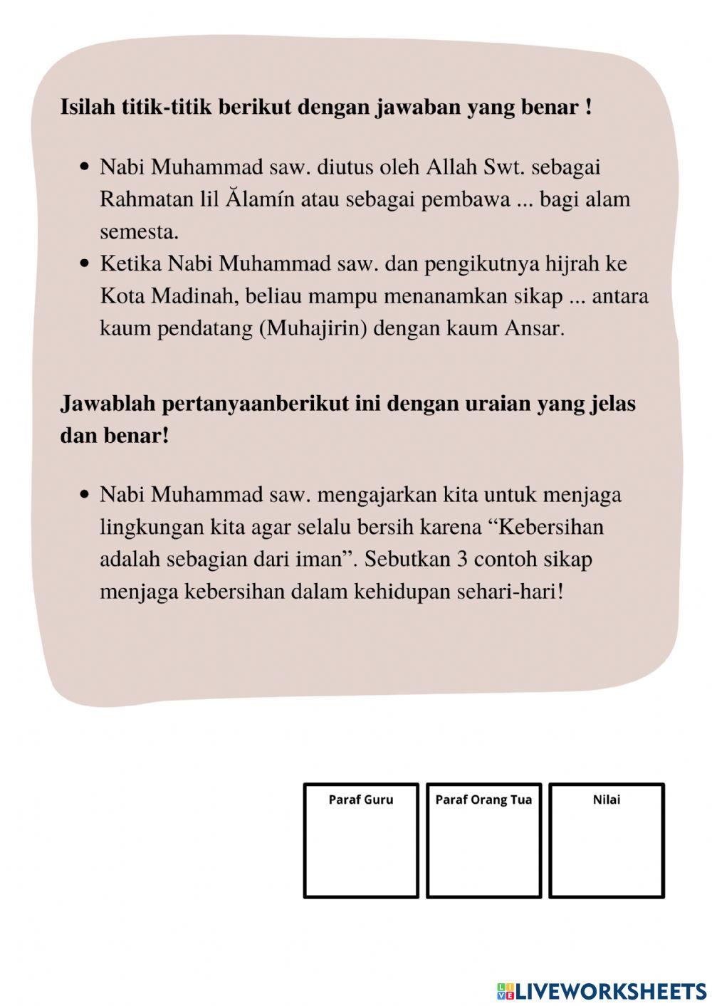 KISAH KETELADANAN NABI MUHAMMAD SAW online exercise for | Live Worksheets